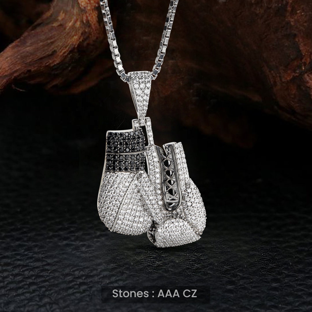 Boxing Gloves Pendant Necklace, Two Tone Iced Out Gloves Pendant With ...