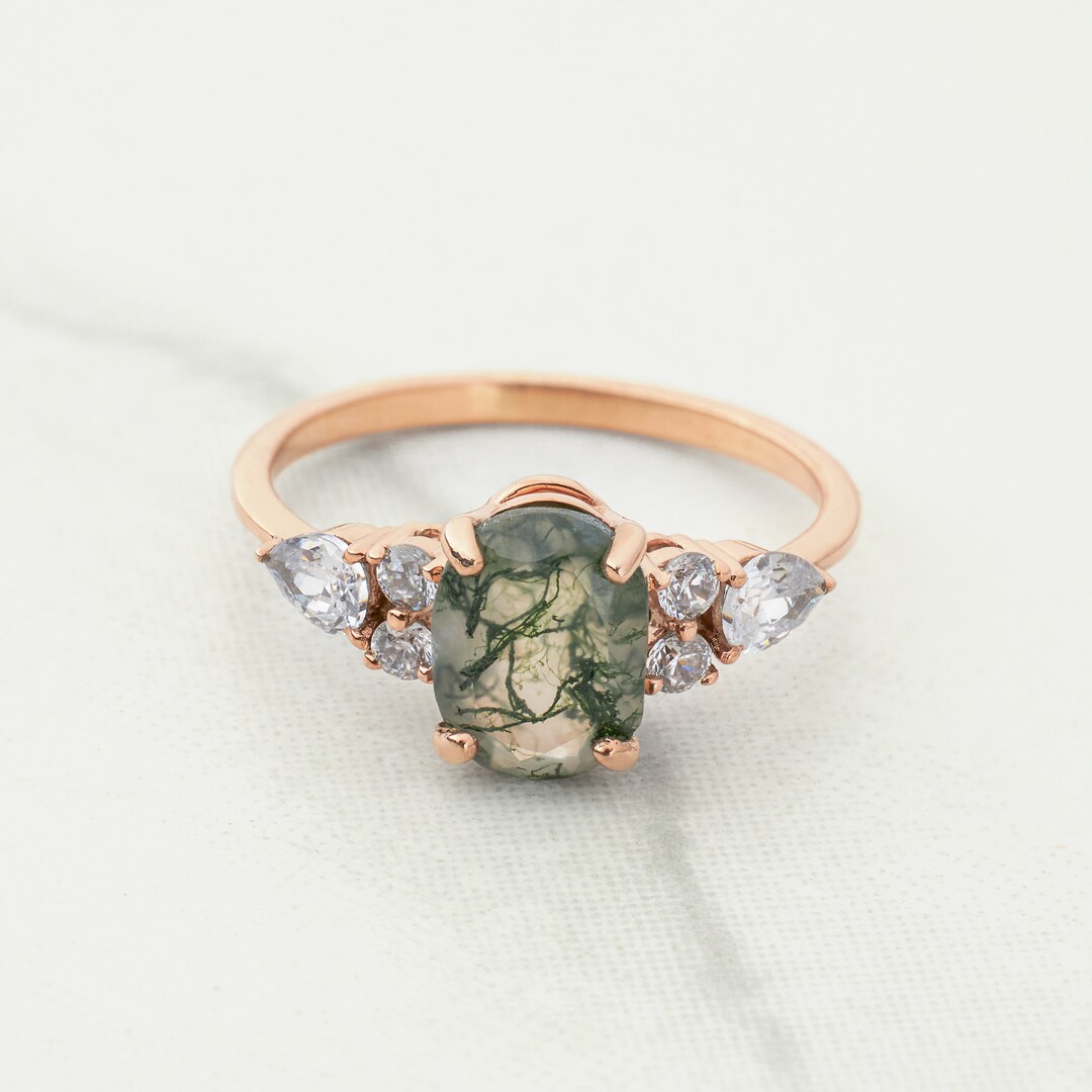 Anillo de ágata musgosa natural de corte ovalado, anillo de compromiso ...