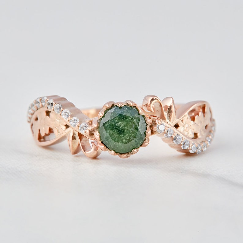 Nature Inspired Floral Art Deco Engagement Ring, Natural Green Moss ...