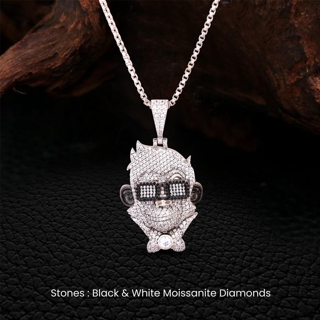 Sterling Silver Monkey Necklace, VVS1 Moissanite Iced Out Dapper Monkey ...