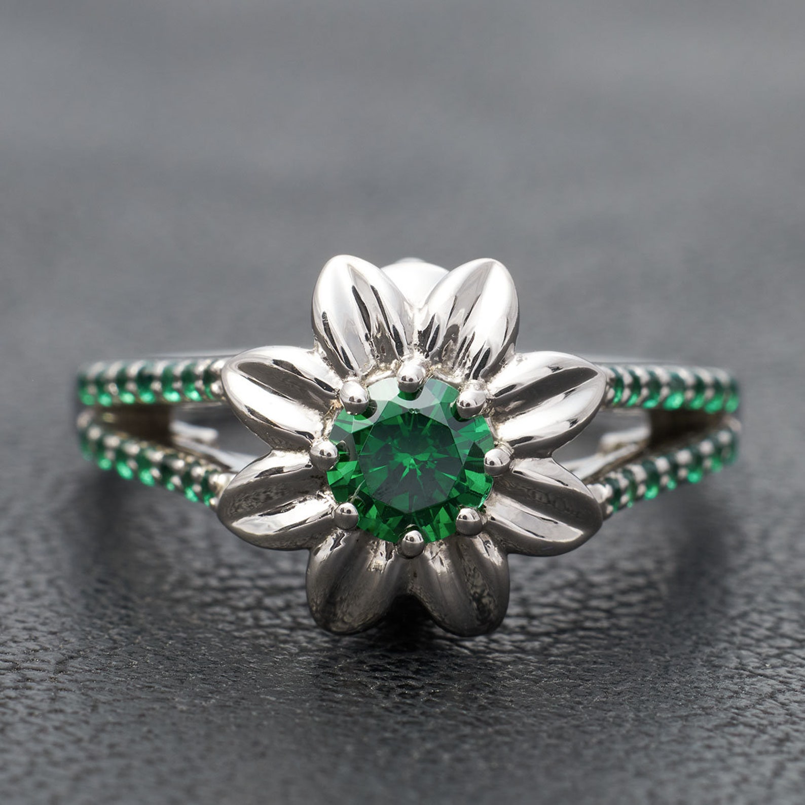 Green Emerald Skull Ring Women, Skull Flower Engagement Ring, Flower ...
