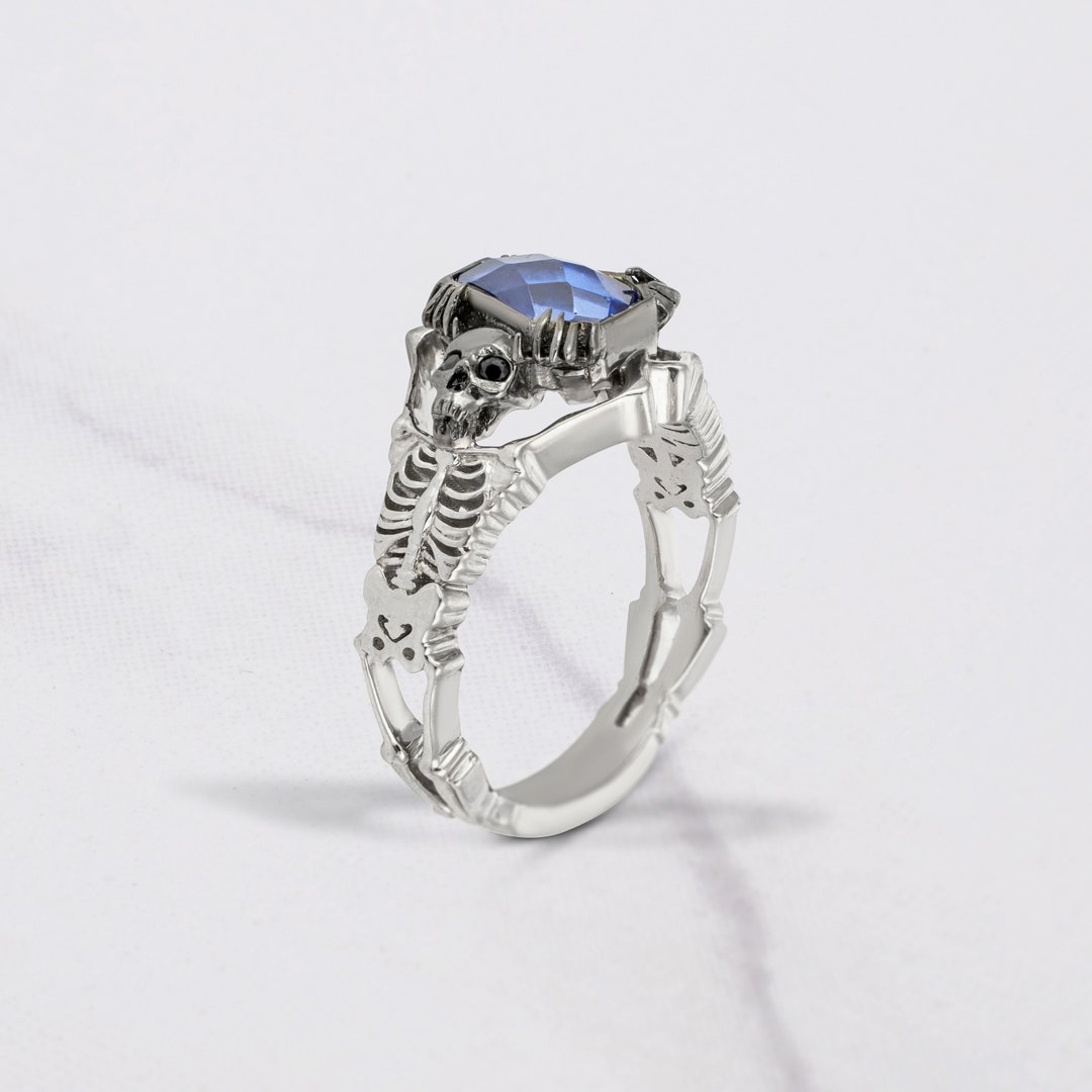 Skeleton Ring With Coffin - Two Tone Sterling Silver Blue Gemstone ...