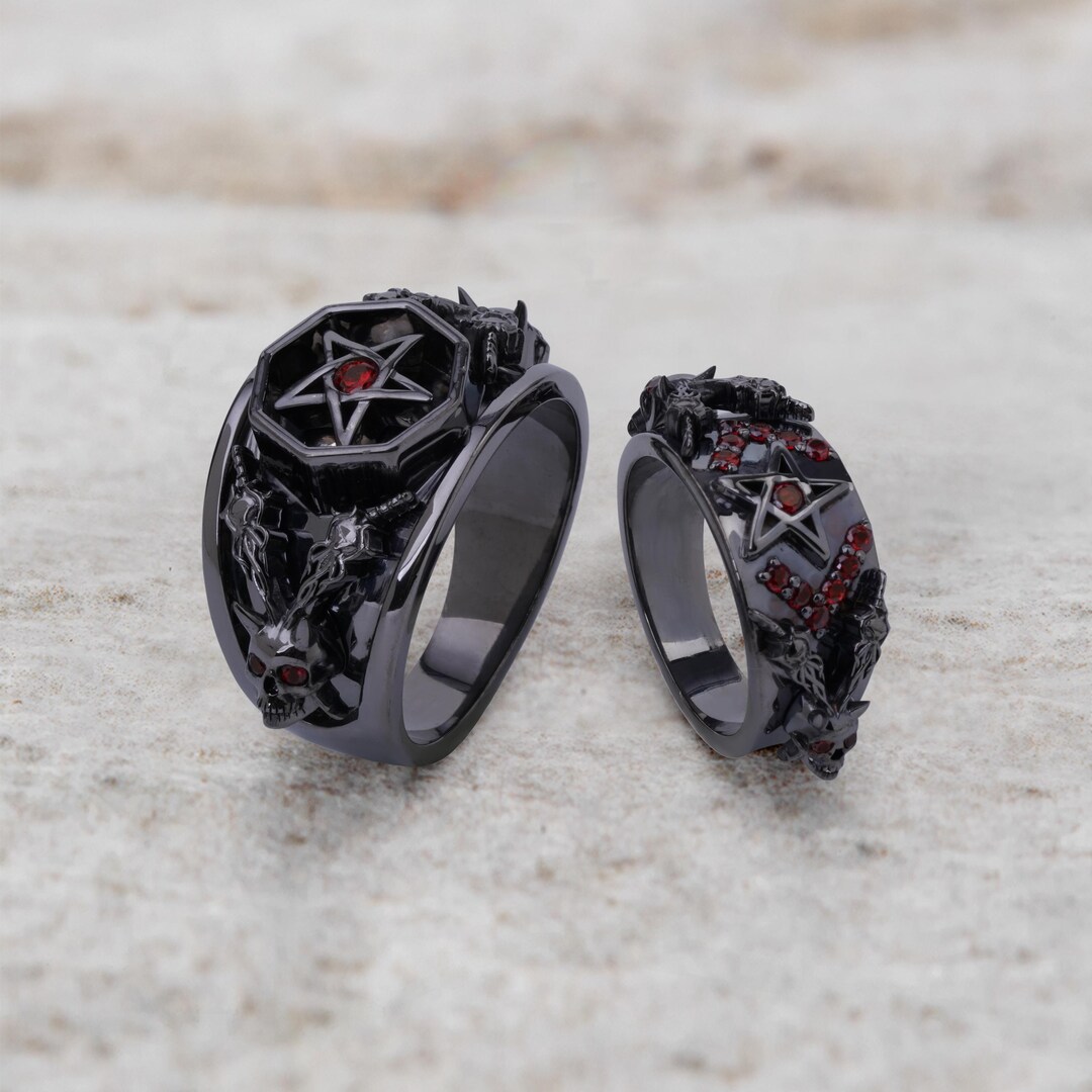 Satanic Pentagram Skull Wedding Rings Couple Gothic Engagement Ring Set ...