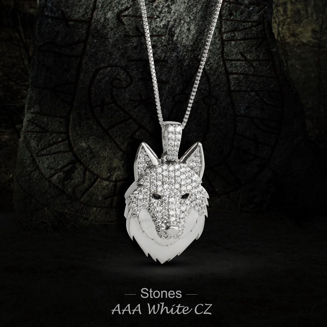 Sterling Silver AAA CZ Iced Out Wolf Pendant Necklace for Men Viking ...