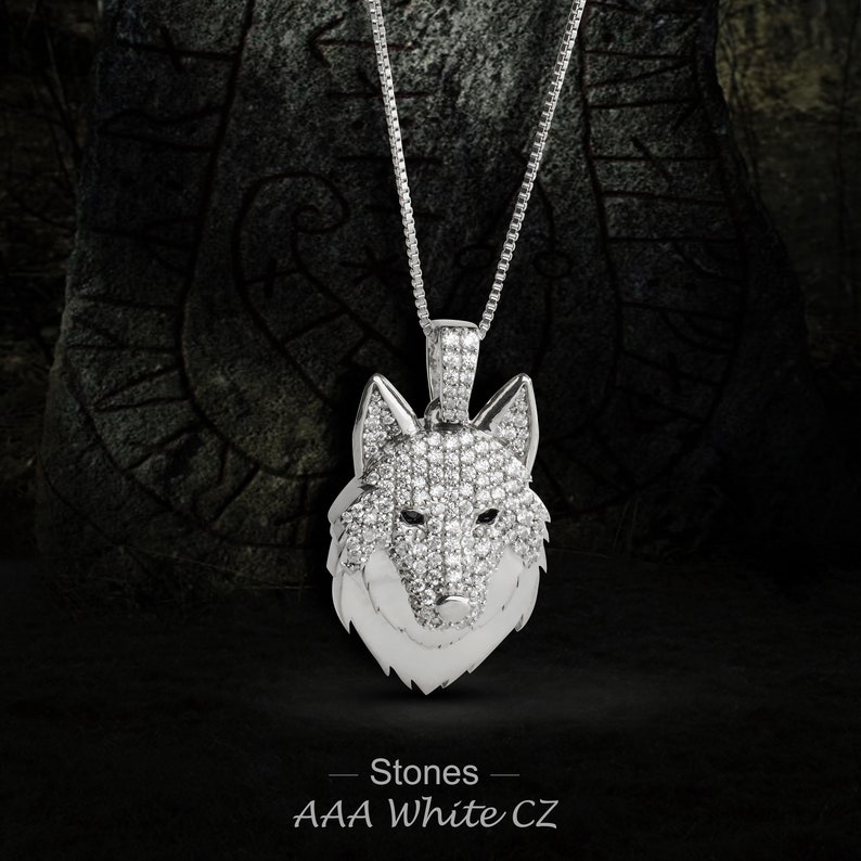 Sterling Silver AAA CZ Diamond Iced Out Wolf Pendant Necklace Hip Hop Jewelry Nordic Viking Icy ...