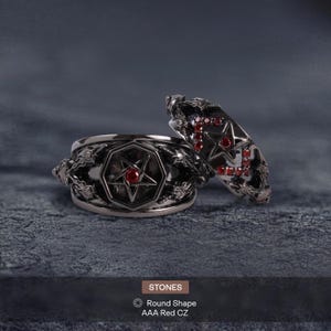 Satanic Pentagram Skull Wedding Rings Couple Gothic Engagement Ring Set ...