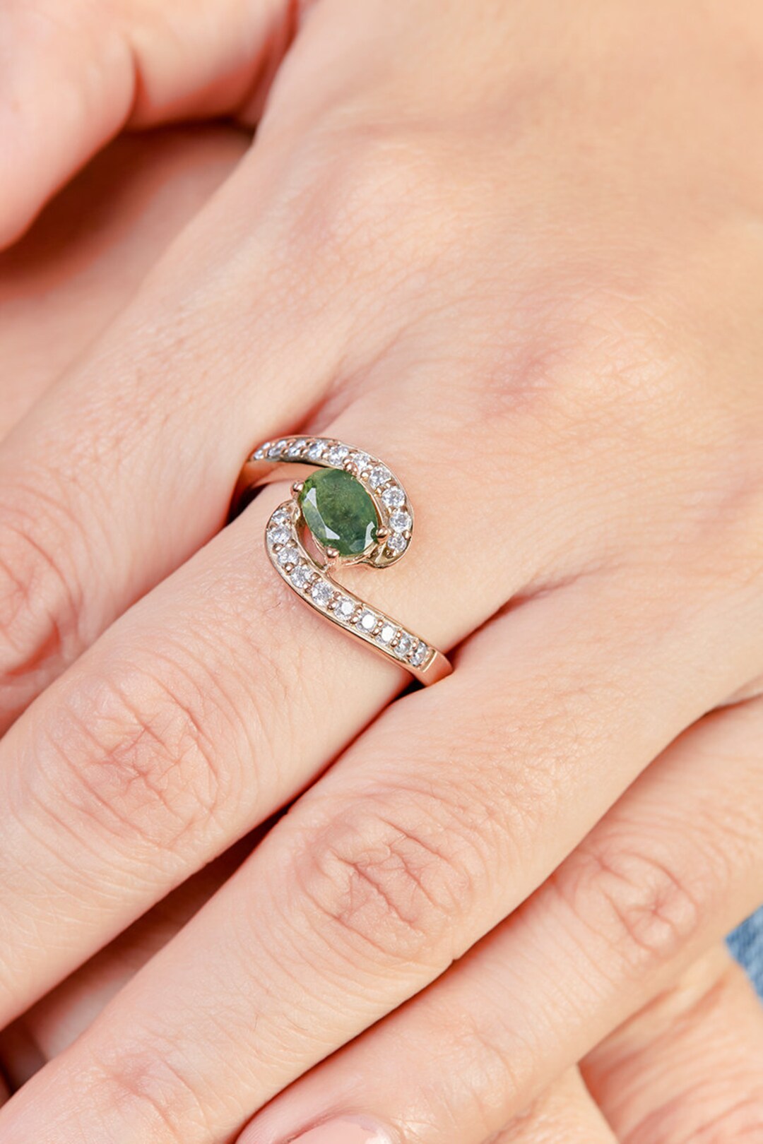 Oval Cut Moss Agate Engagement Ring for Women, Natural Moss Agate Ring ...