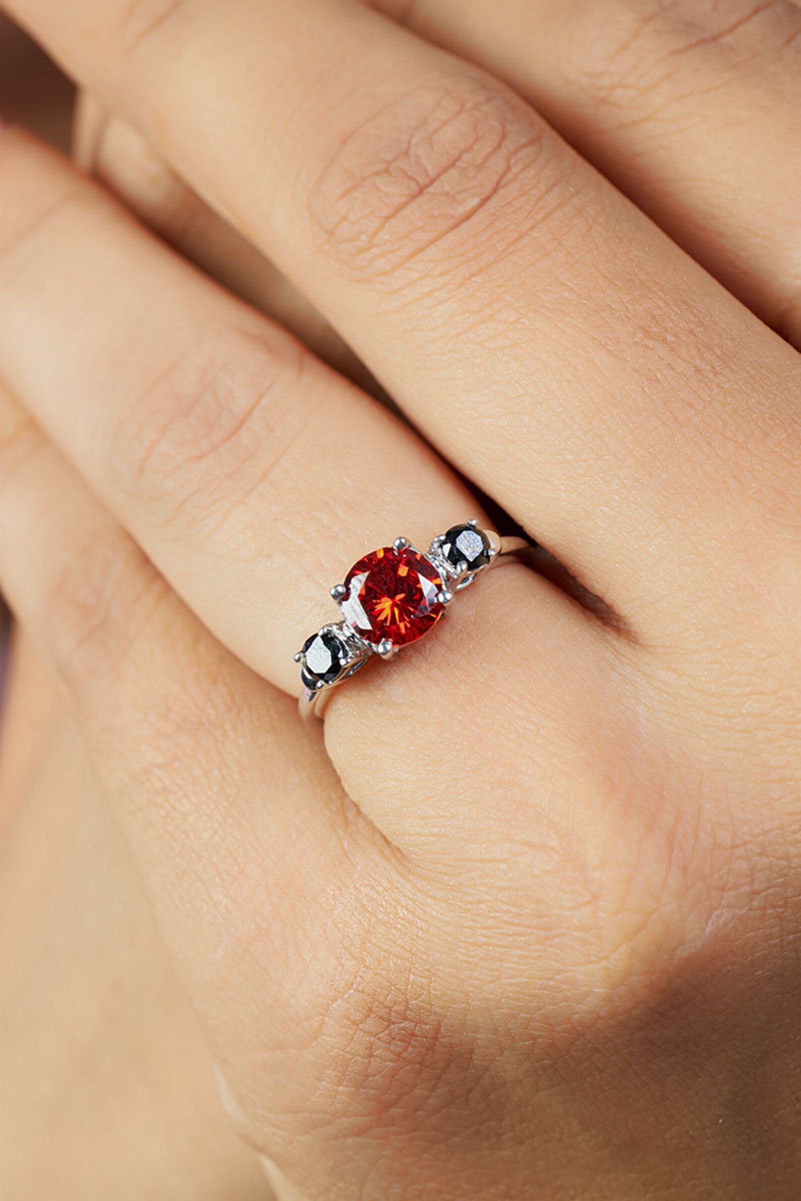 Natural Red Garnet and Black Spinel Gemstone 3 Stone Gothic Engagement ...