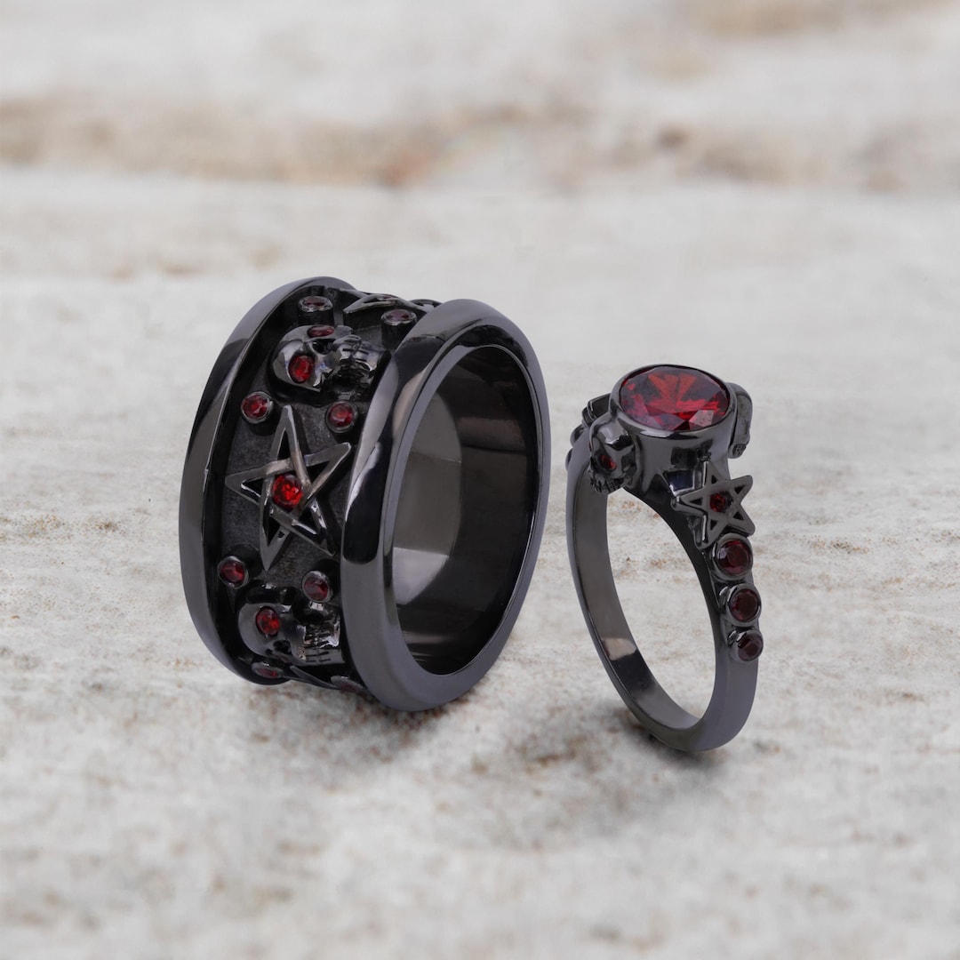 Pentagram Skull Wedding Ring Set His and Her Matching Gothic Couple ...