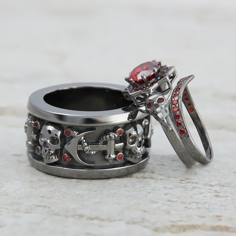 Red Garnet Vampire Skull Wedding Ring Set His and Hers, Till Death ...