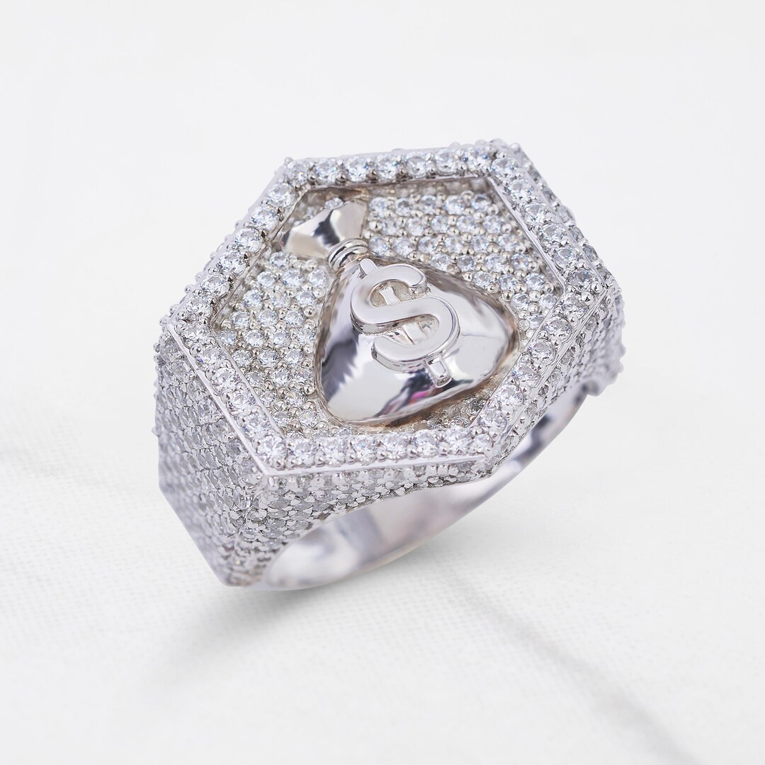 Dollar Sign Money Bag Ring for Men Iced Out Ring Hip Hop Jewelry 925 ...
