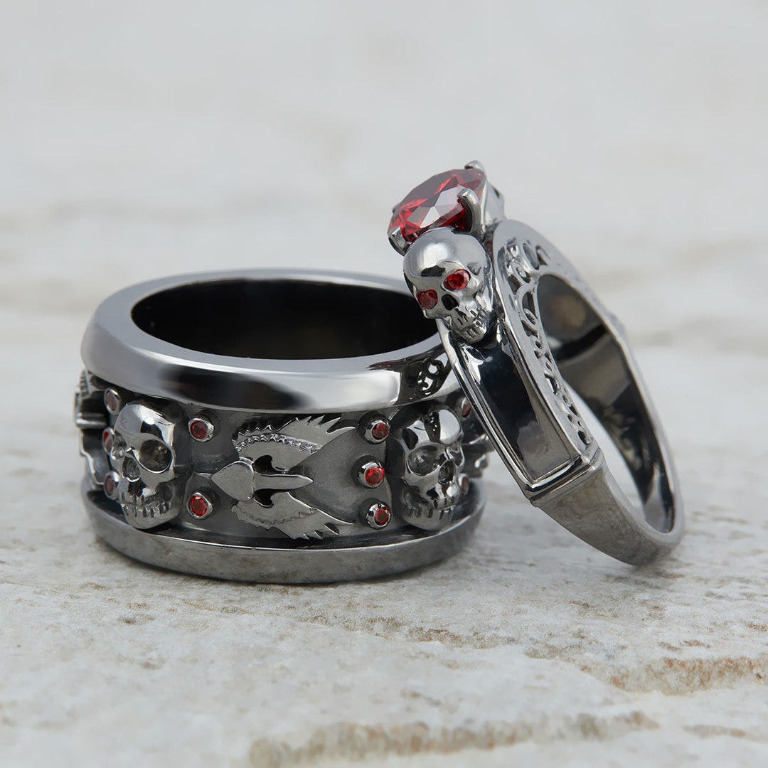 Skull Couple Rings, Till Death Wedding Ring Set His and Her, Vampire ...