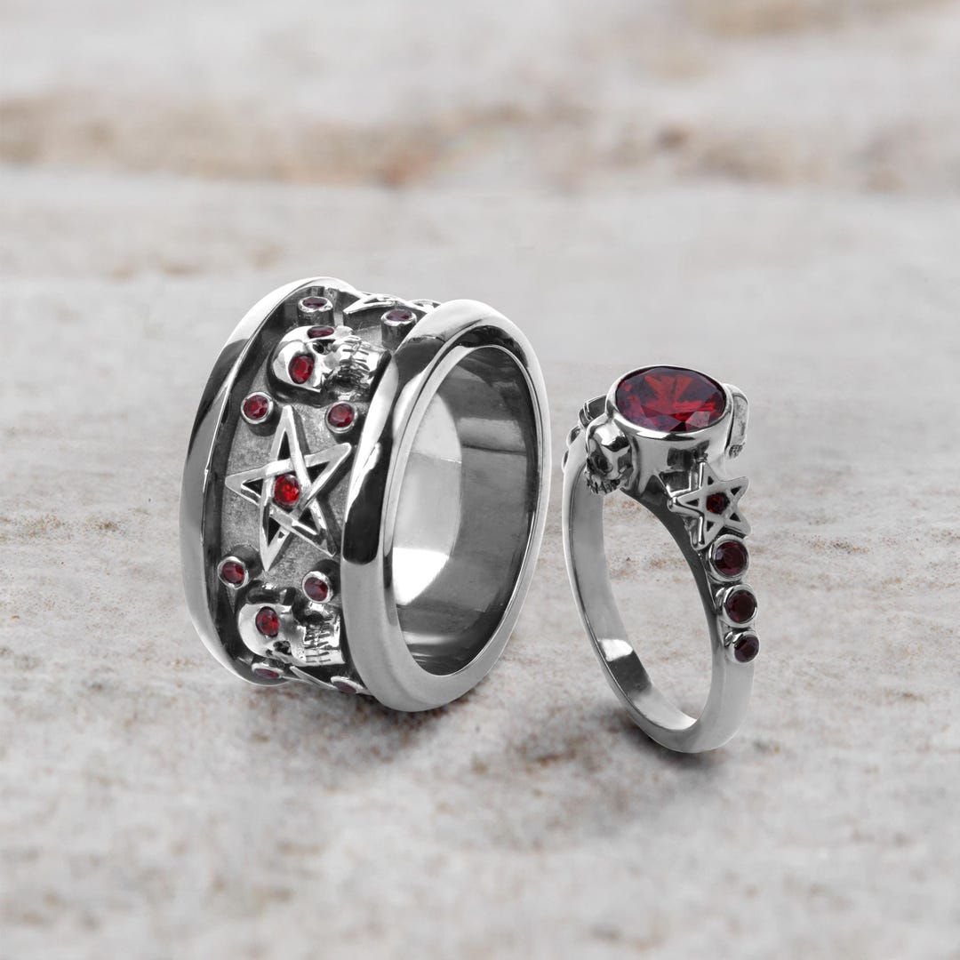 Gothic Skull Wedding Ring Set: Sterling Silver Pentagram, Red Garnet - Etsy
