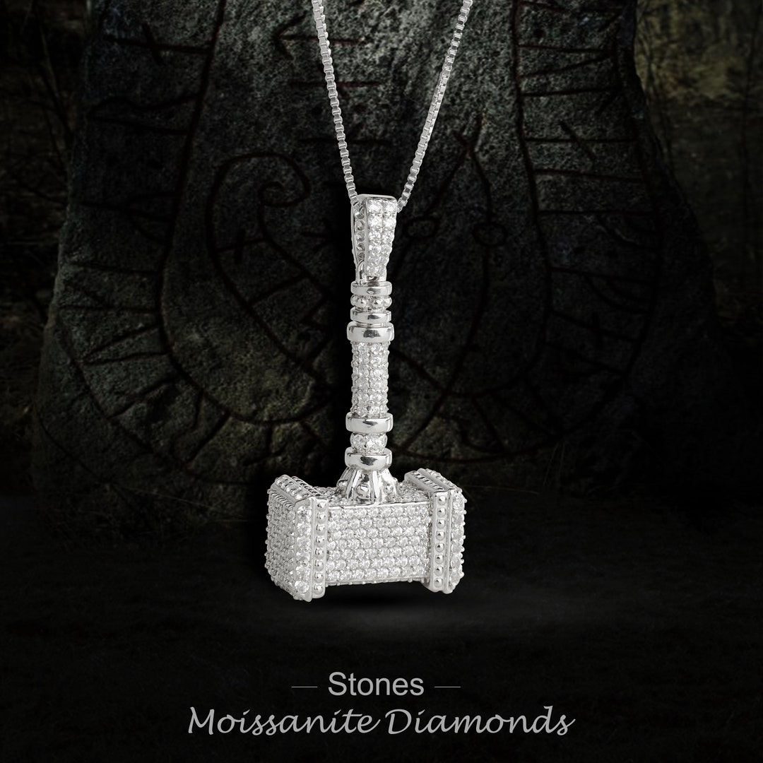 Iced Out Viking Necklace - Sterling Silver Moissanite Icy Thor's Hammer ...