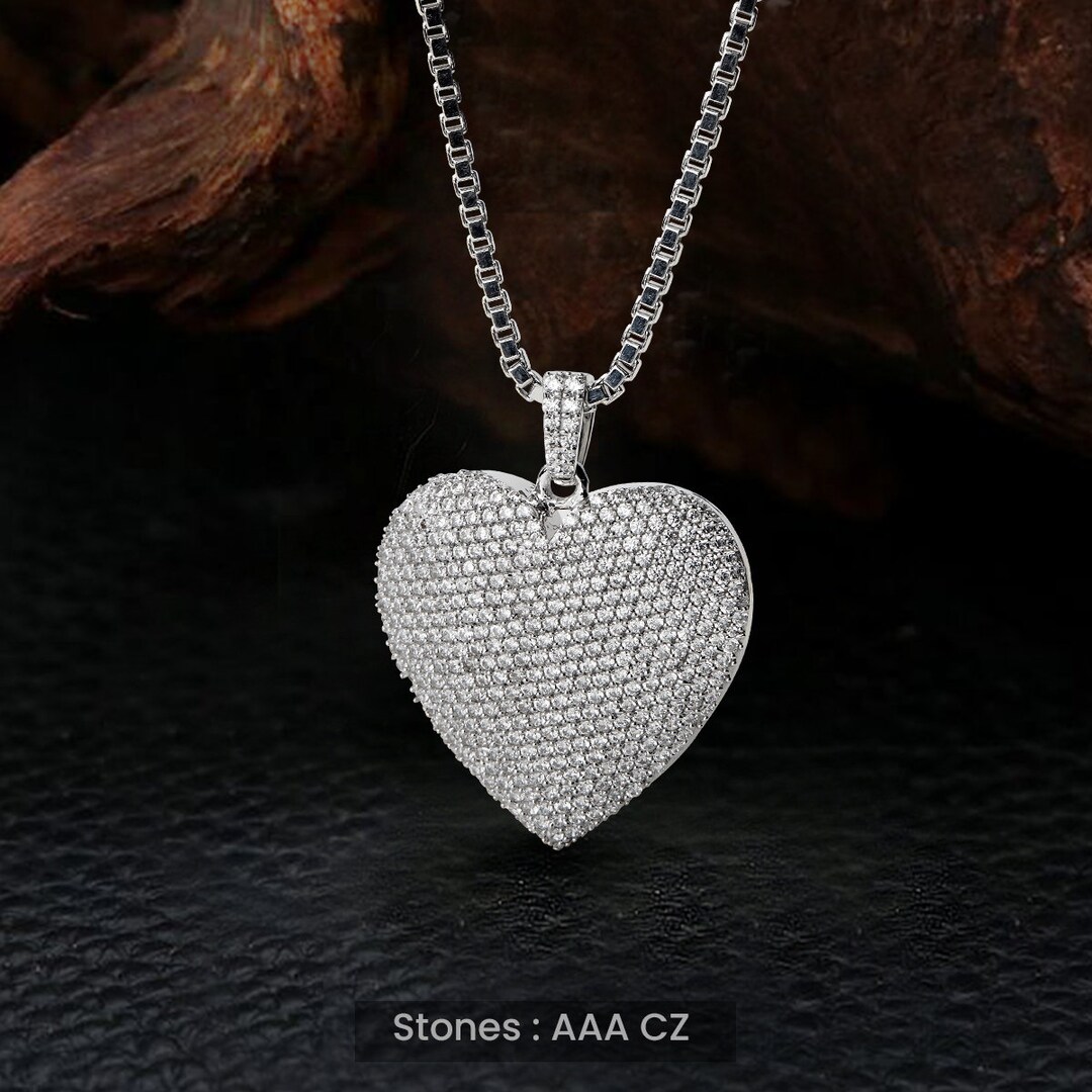Icy Heart Necklace for Her, CZ Diamond Iced Out Heart Pendant in 925 ...