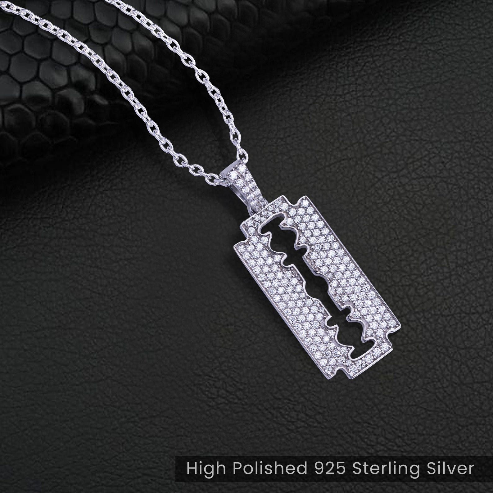 Razor Blade Pendant With Chain 925 Sterling Silver AAA Cubic Zirconia ...