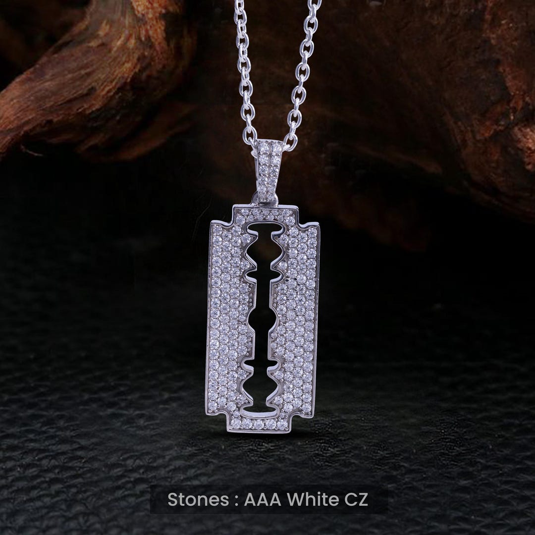 Razor Blade Pendant With Chain 925 Sterling Silver AAA Cubic Zirconia ...