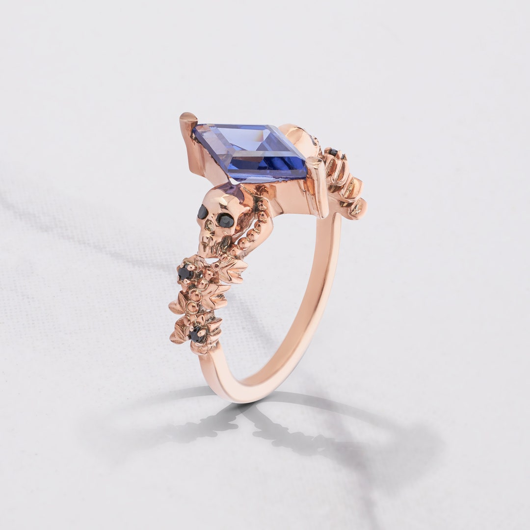 Kite Cut Skull Engagement Ring Women Titanic Blue Gemstone Black CZ ...