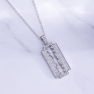 Razor Blade Pendant With Chain 925 Sterling Silver AAA Cubic Zirconia ...