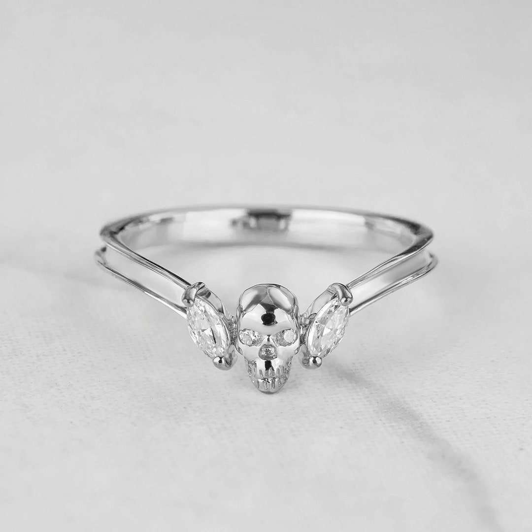 Marquise Cut Diamond Skull Ring Women Sterling Silver Skull Engagement ...