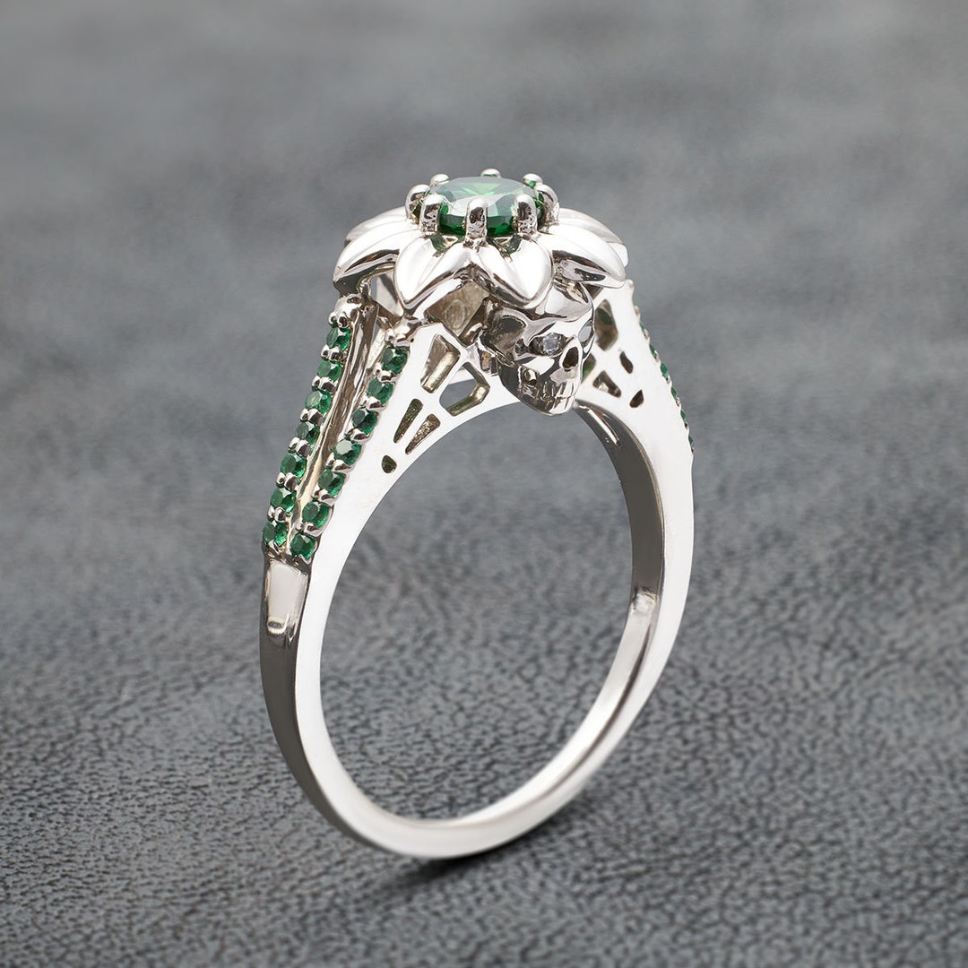 Green Emerald Skull Ring Women, Skull Flower Engagement Ring, Flower ...