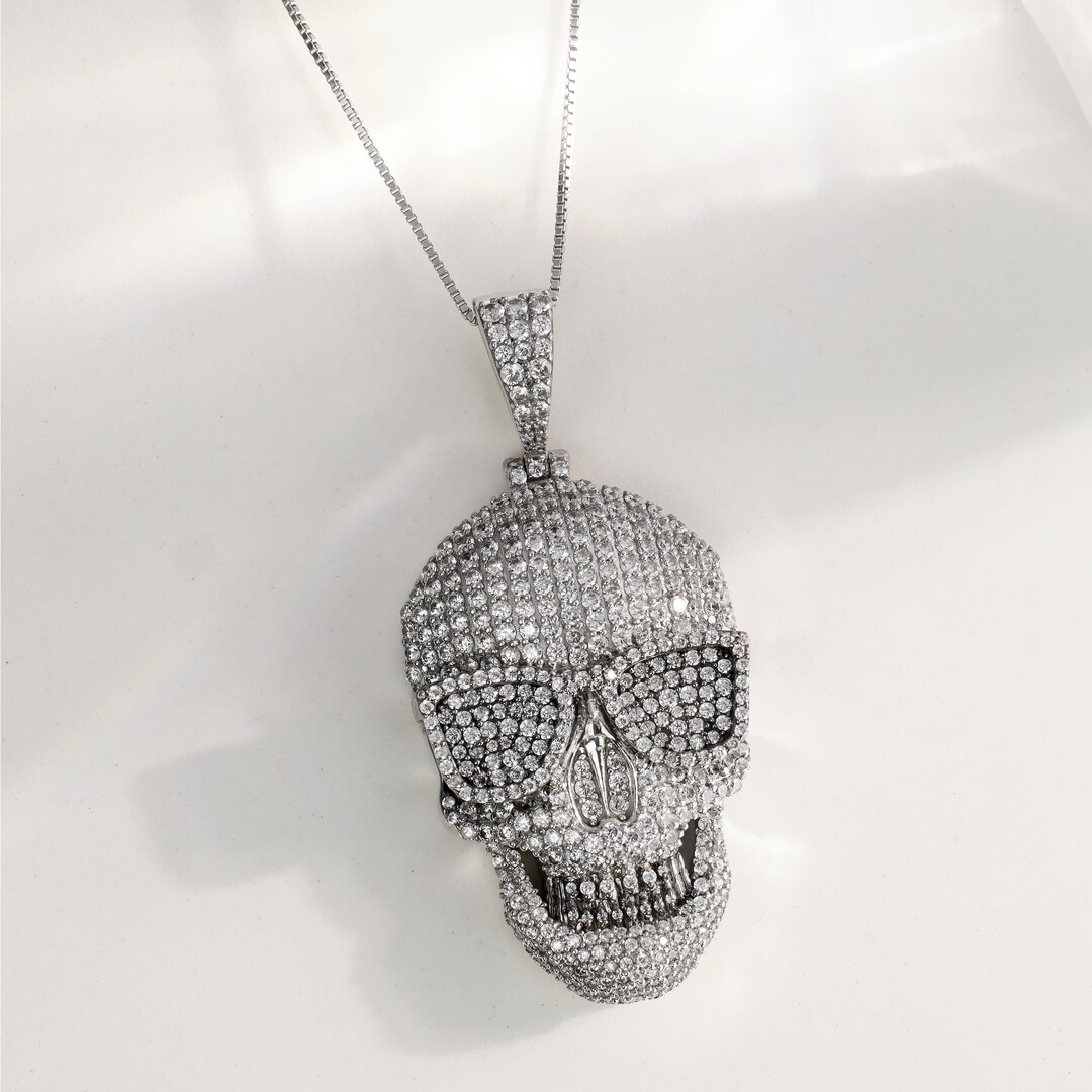 Sterling Silver Iced Out Skull Pendant Necklace for Men, AAA CZ Gothic ...