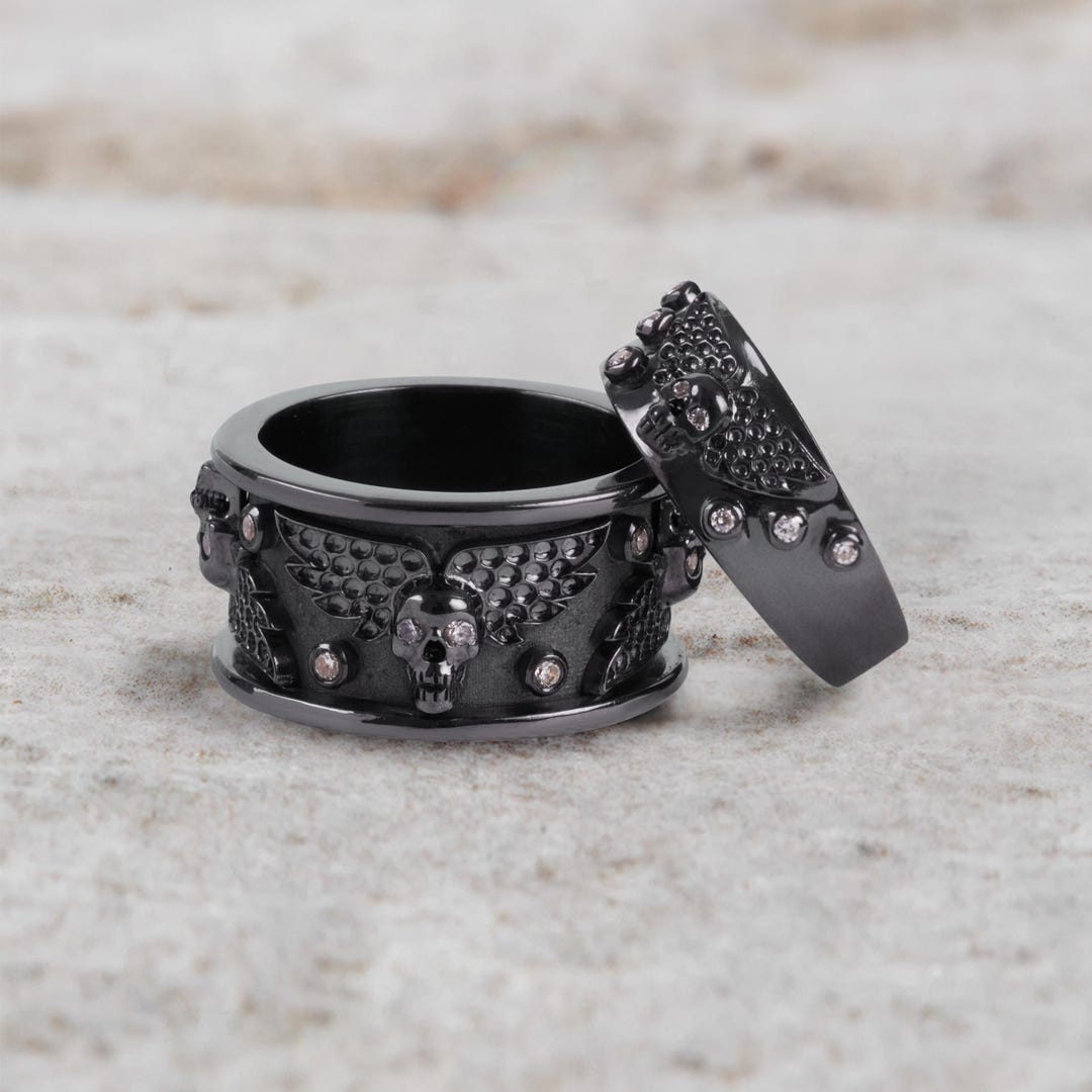 Matching Skull Wedding Bands for Bikers Goth Lovers Winged Skull Couple ...
