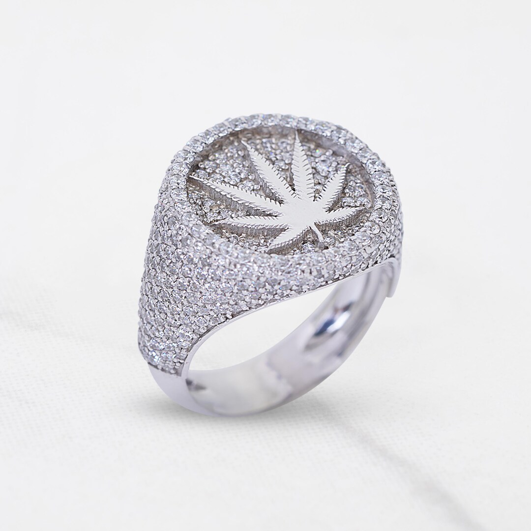 Iced Out Marijuana Ring for Men 925 Sterling Silver Cannabis Leaf Ring ...