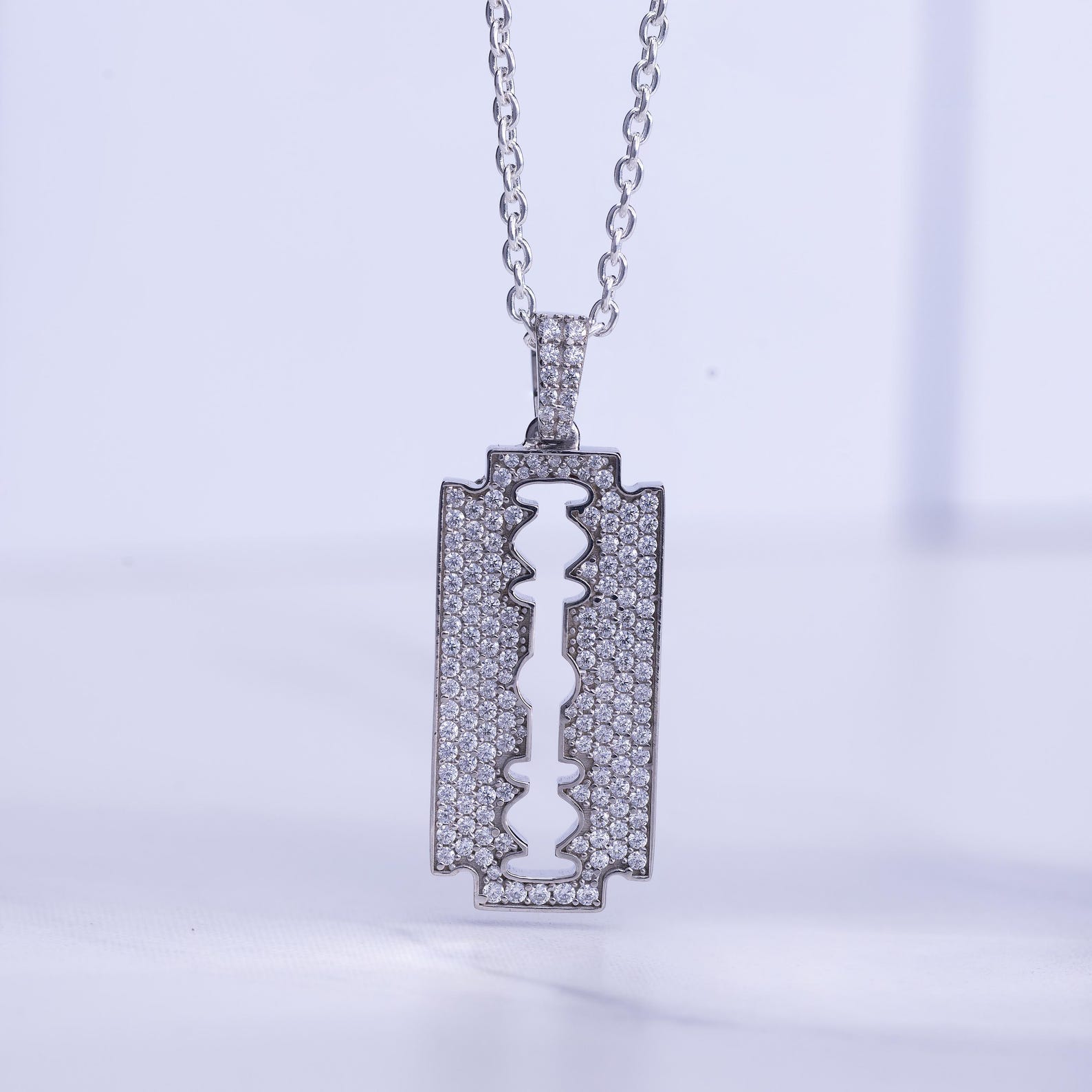 Razor Blade Pendant With Chain 925 Sterling Silver AAA Cubic Zirconia ...