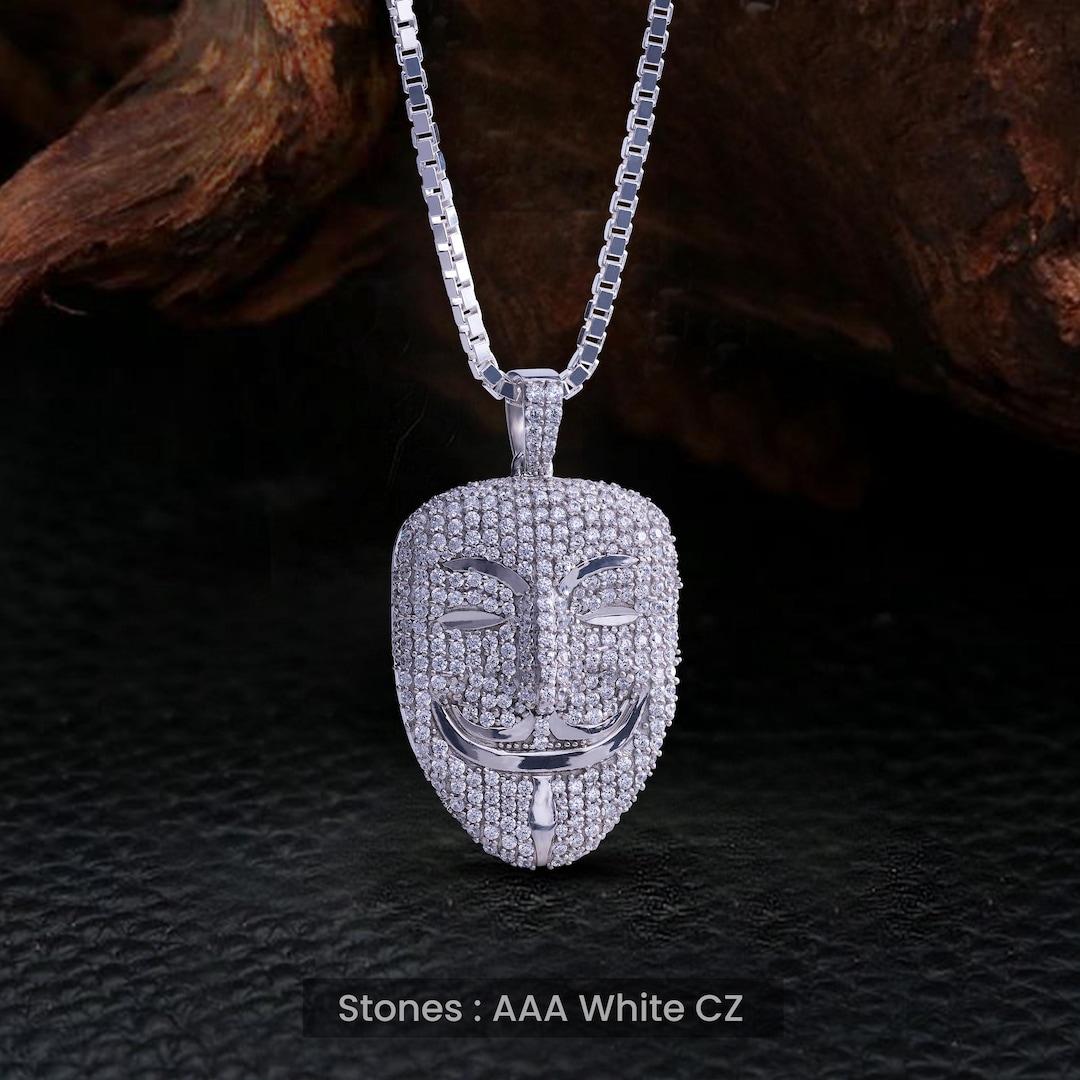 V for Vendetta Mask Necklace Men Boys Iced Out Guy Fawkes Anonymous ...