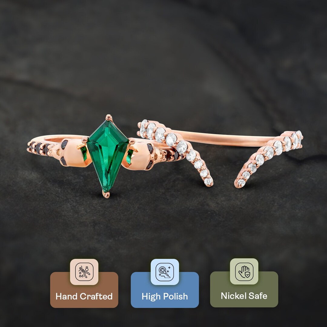 Kite Cut Green Emerald Skull Ring Set: Gothic Sterling Silver Bridal ...