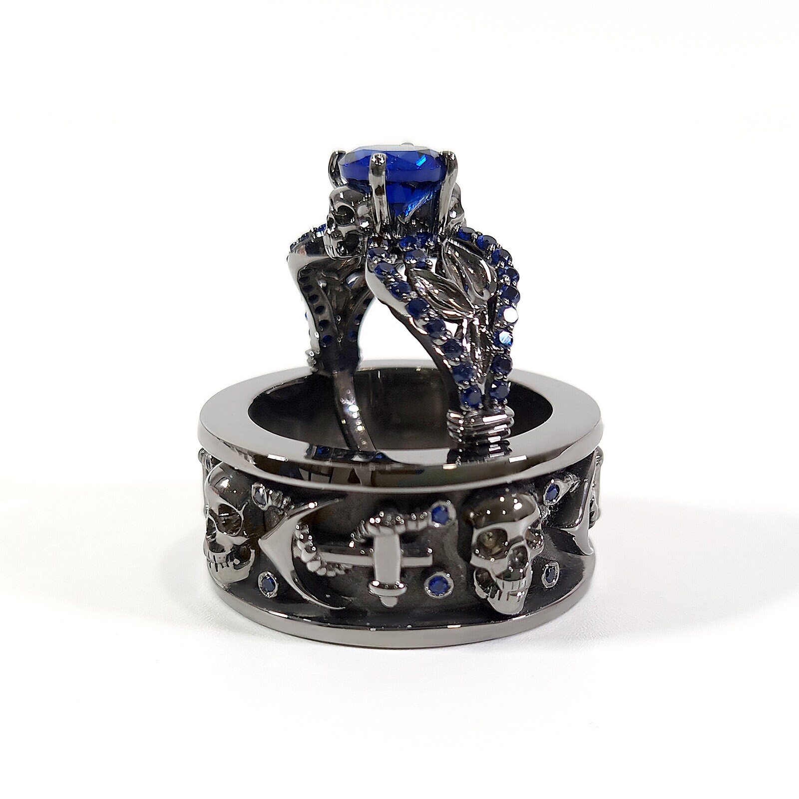 Blue Sapphire Matching Skull Wedding Ring Band Set His and - Etsy