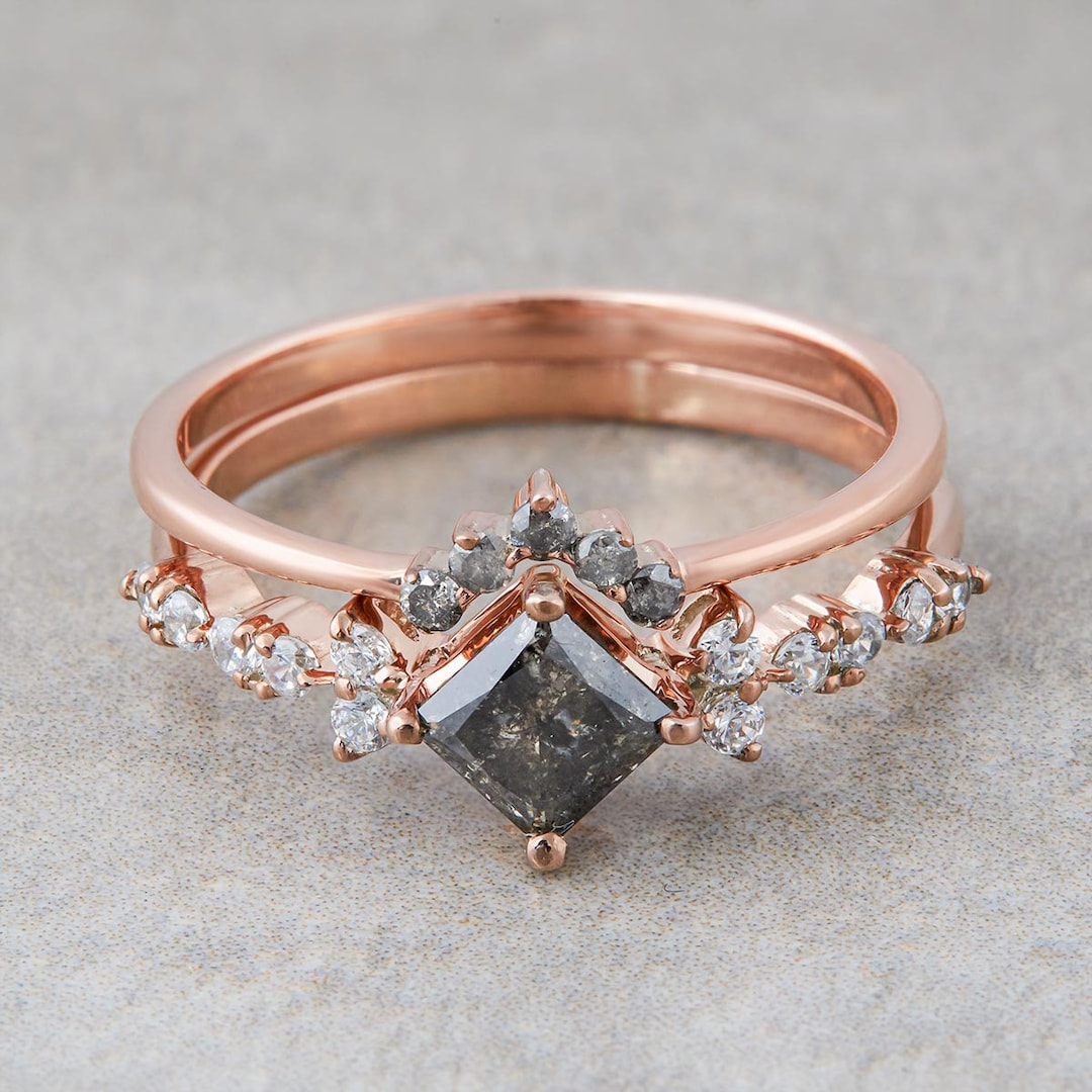 Salt and Pepper Diamond Ring Rose Gold Wedding Ring Set Women Princess ...