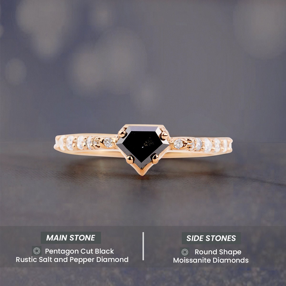 Pentagon Cut Black Rustic Diamond Engagement Ring for Women, Natural ...