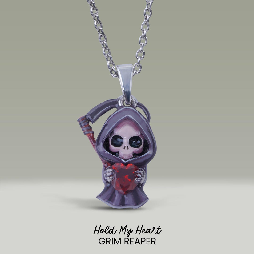 Grim Reaper Necklace 3D Enameled Skeleton Scythe Reaper Pendant Cable ...