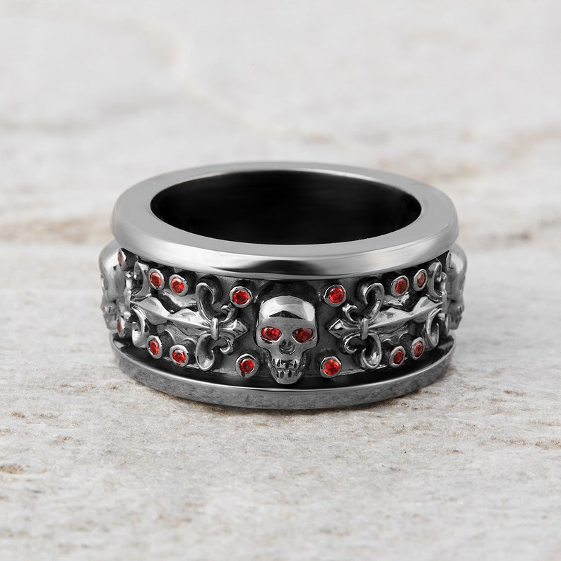 Red Garnet Skull Ring Set Handmade, French Flower Gothic Vampire Skull ...