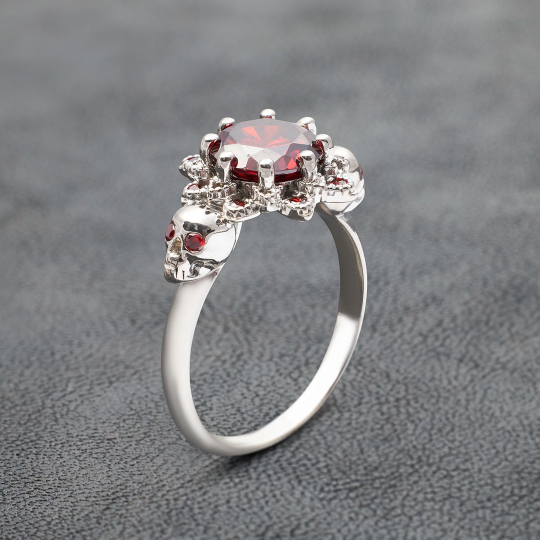 Red Garnet Skull Ring Sterling Silver, Vampire Skull Engagement Ring ...