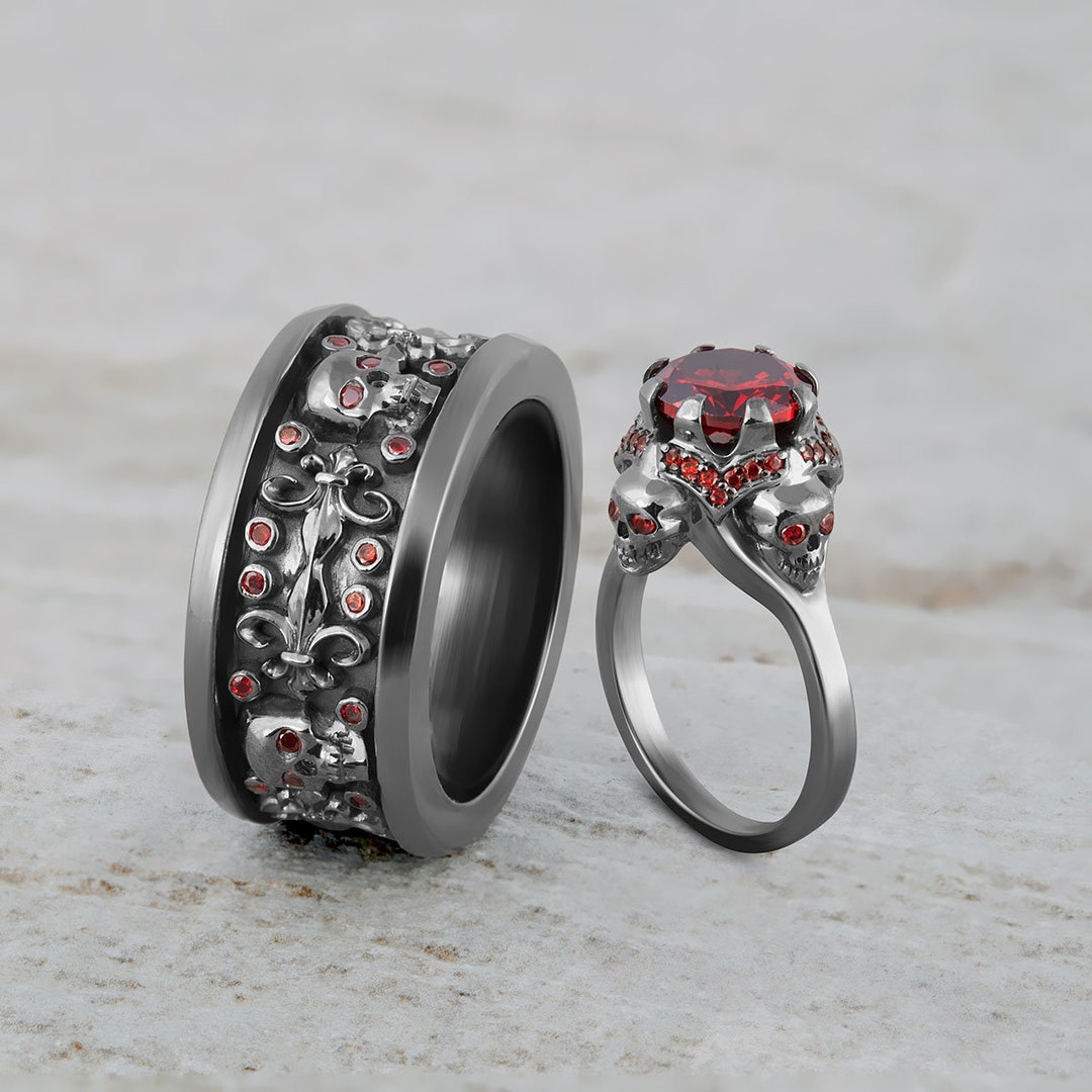 Till Death Do Us Part Skull Wedding Ring Set Matching Couple Macabre ...