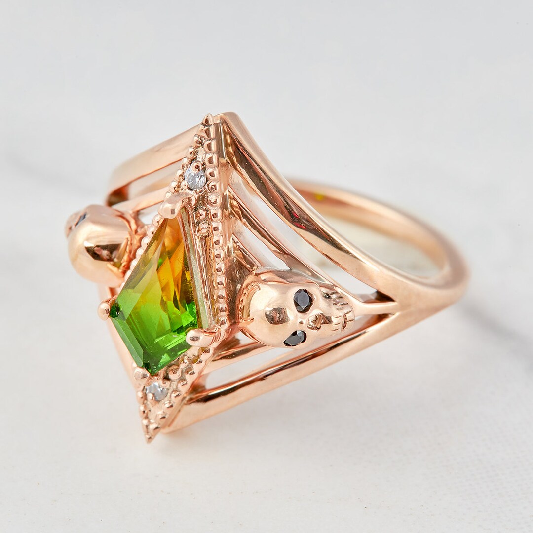 Kite Cut Doublet Gemstone Skull Ring - 14k Rose Gold Cocktail Statement ...