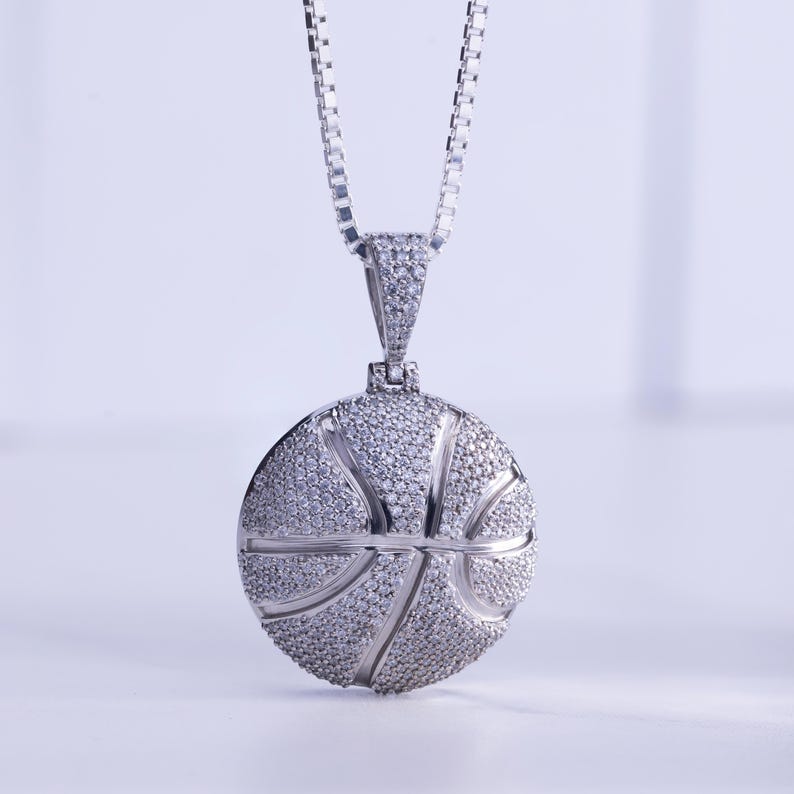 Basketball Ball Necklace - Iced Out Sports Pendant, Sterling Silver ...