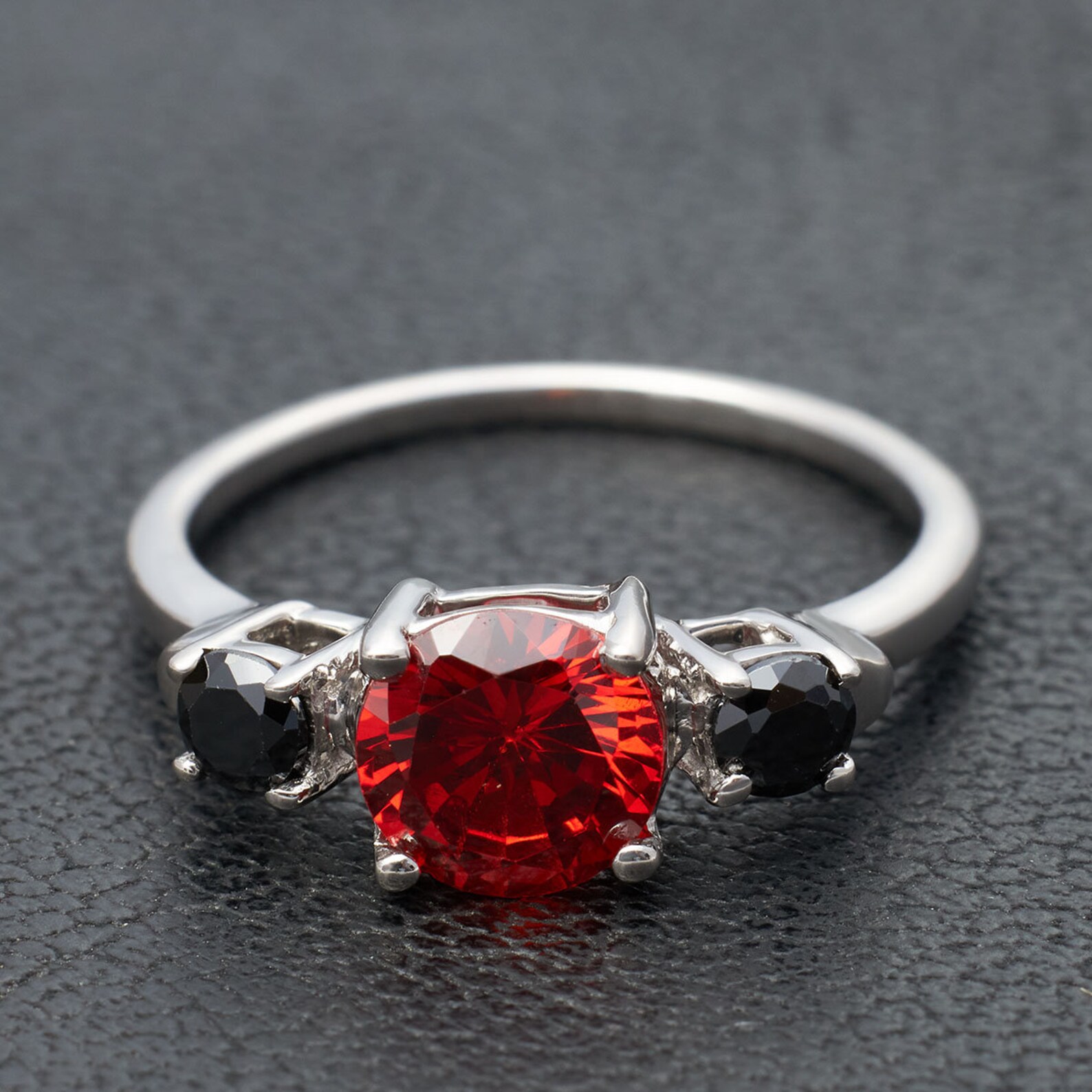 Natural Red Garnet and Black Spinel Gemstone 3 Stone Gothic Engagement ...