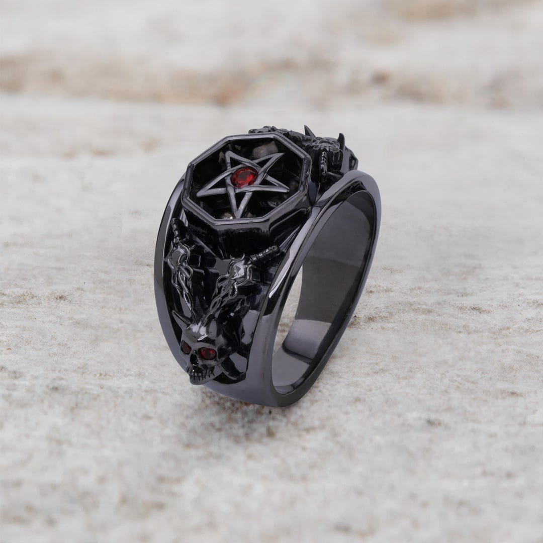 Satanic Pentagram Skull Ring for Men Crossed Sword Devil Horn Dark ...