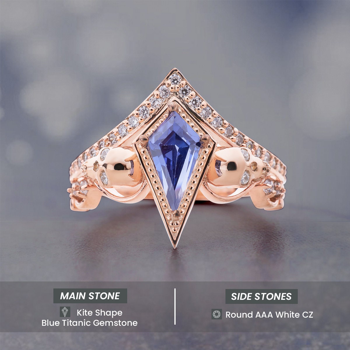 Kite Cut Skull Ring Women Blue Titanic Gemstone Kite Shape Engagement ...
