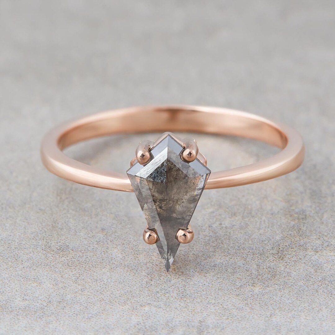 Kite Cut Natural Salt and Pepper Diamond Ring 14k Rose Gold Solitaire ...