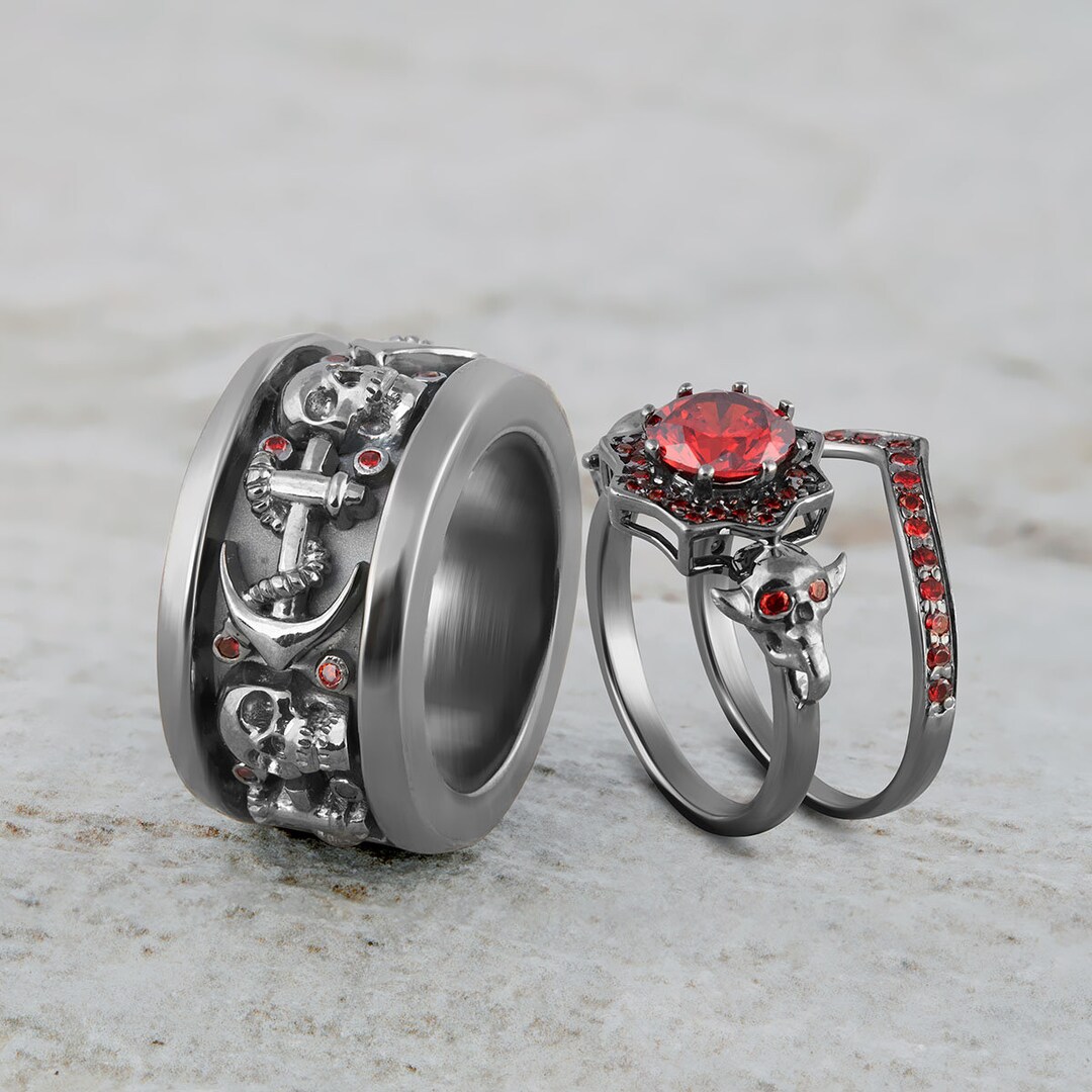 Red Garnet Vampire Skull Wedding Ring Set His and Hers, Till Death ...