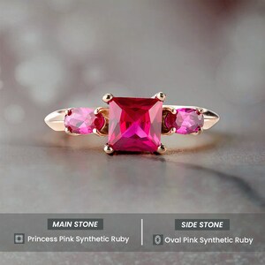 Ruby Ring, Princess and Oval Cut 3 Stone Engagement Ring Rose Gold ...