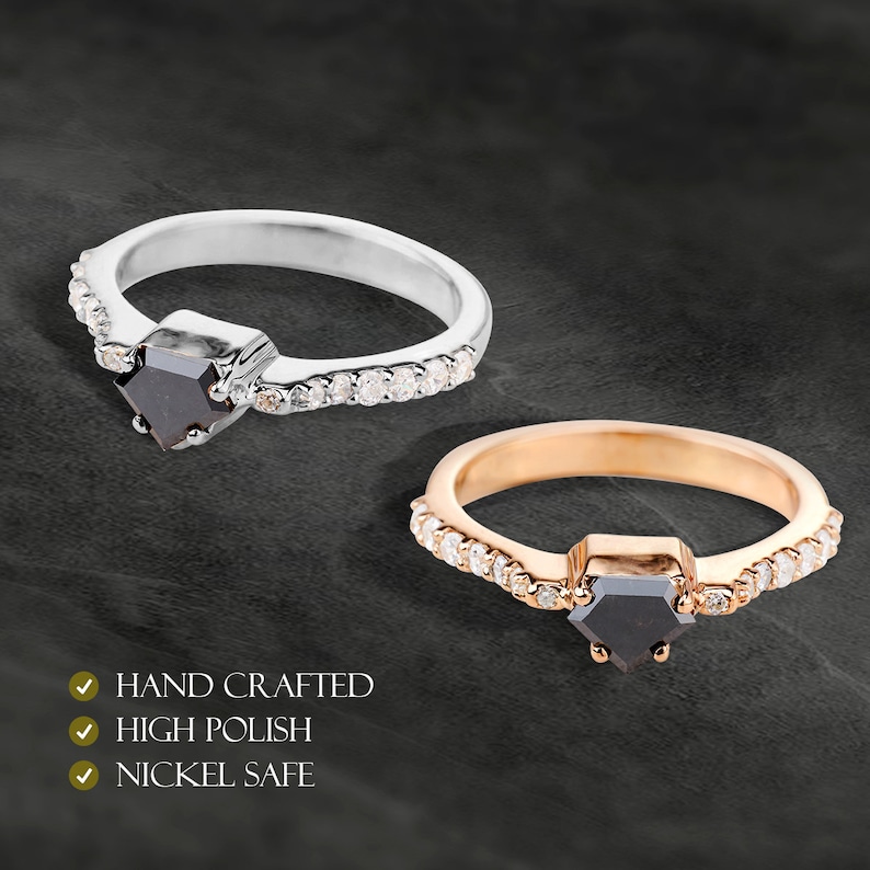 Pentagon Cut Black Rustic Diamond Engagement Ring for Women, Natural ...