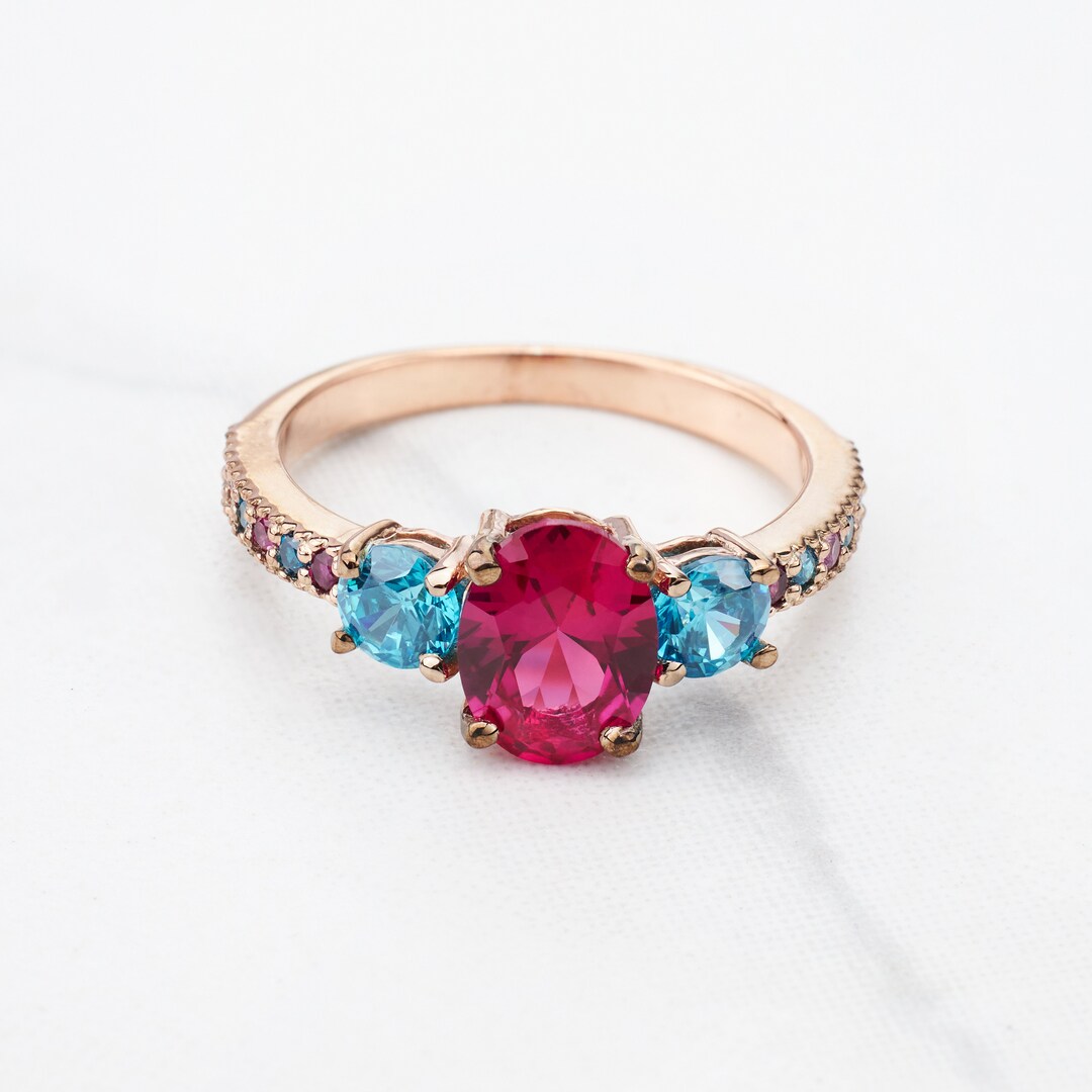 Oval Cut Pink Ruby and Aquamarine 3 Stone Engagement Ring, Multi ...