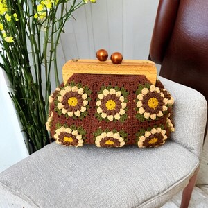 Vintage Granny Square Crochet Clutch Bag,boho Bag With Wooden Clasp ...