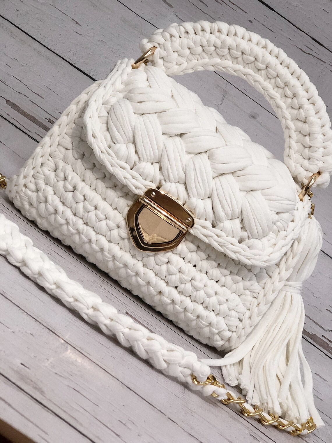 Hand Knitted Design White Bag / Handmade Crochet Shoulder Bag - Etsy